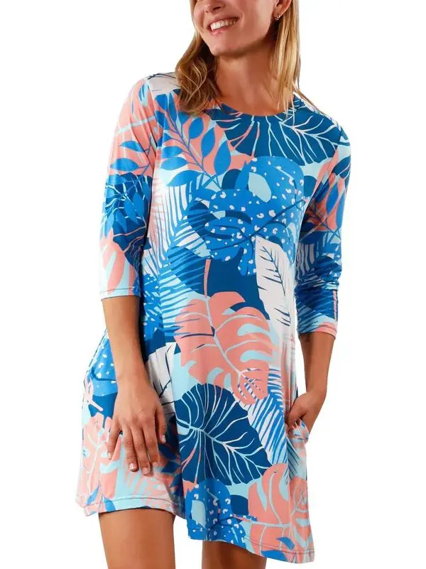 UV SKINZ 3/4 Sleeve Swing Dress - Ocean Botanical