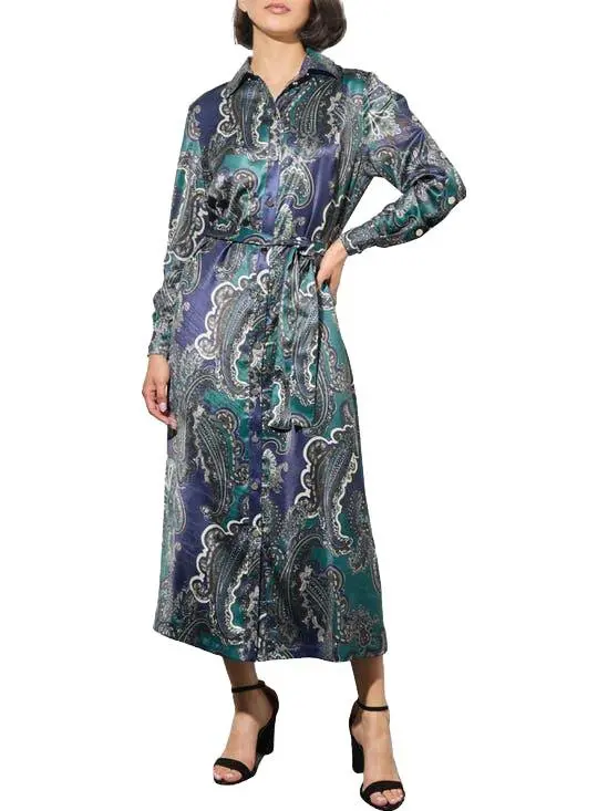 Ming Wang Paisley Print Charmeuse Midi Shirtdress With Tie Belt - Forest Multi