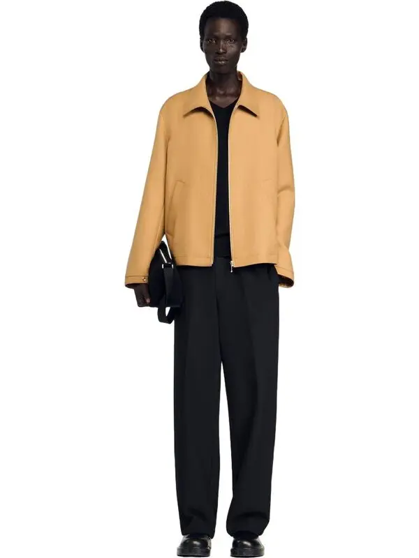Sandro Zip-up Jacket With Pockets - Camel