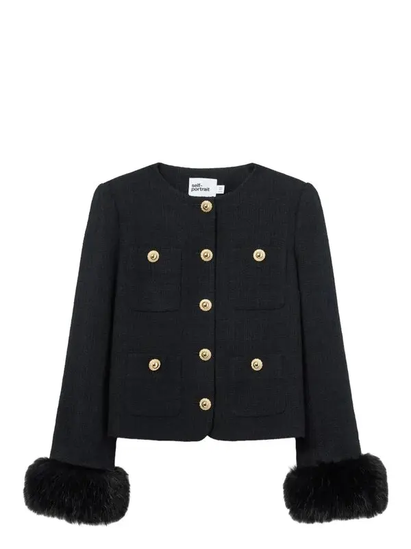 SELF-PORTRAIT Boucle Jacket With Fur Cuffs - Black