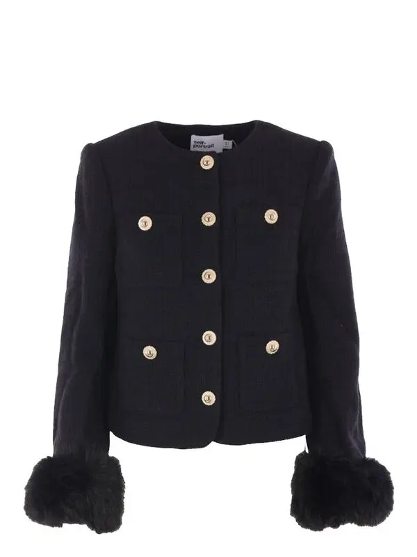 SELF-PORTRAIT Tweed Jacket With Faux Fur Cuffs - Black