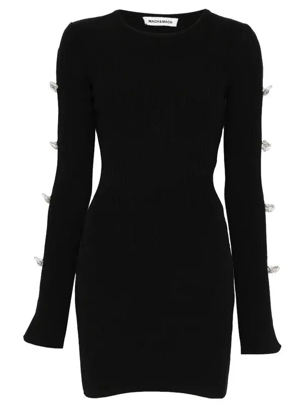 Mach & Mach Ribbed Knit Dress With Rhinestone Embellishments - Black