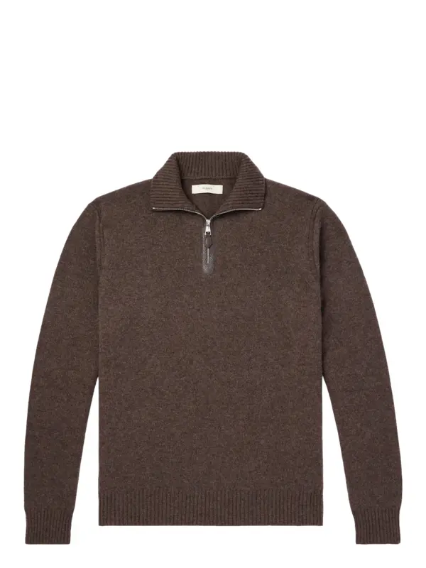Purdey Leather-trimmed Cashmere Half-zip Sweater - Brown