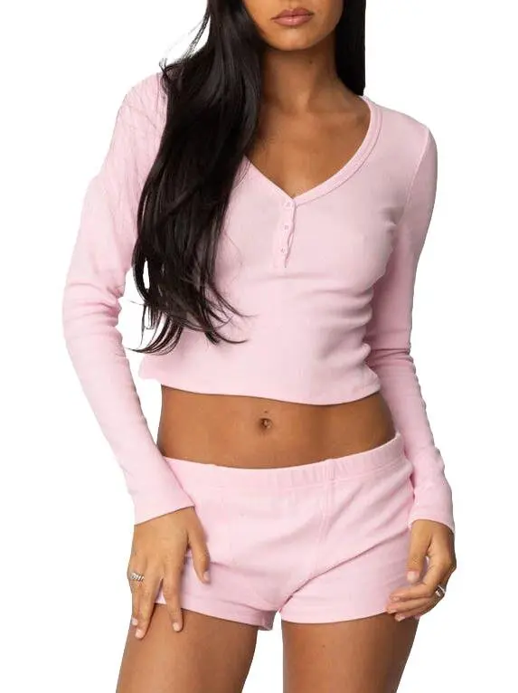 EDIKTED Rebekah Ribbed Henley - Light-pink