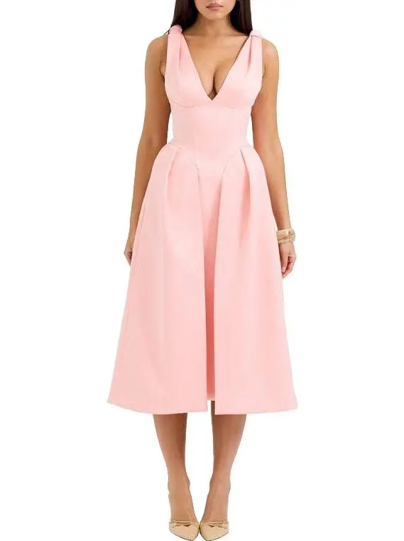 House Of Cb Paloma Plunge Neck Midi Dress - Peach Pearl