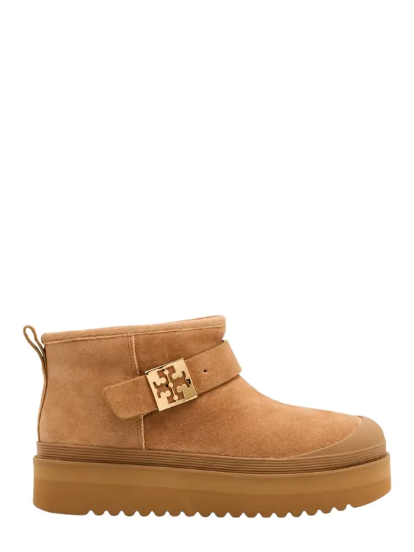 Tory Burch Mellow Suede Shearling Platform Booties - Light Chestnut  Gold