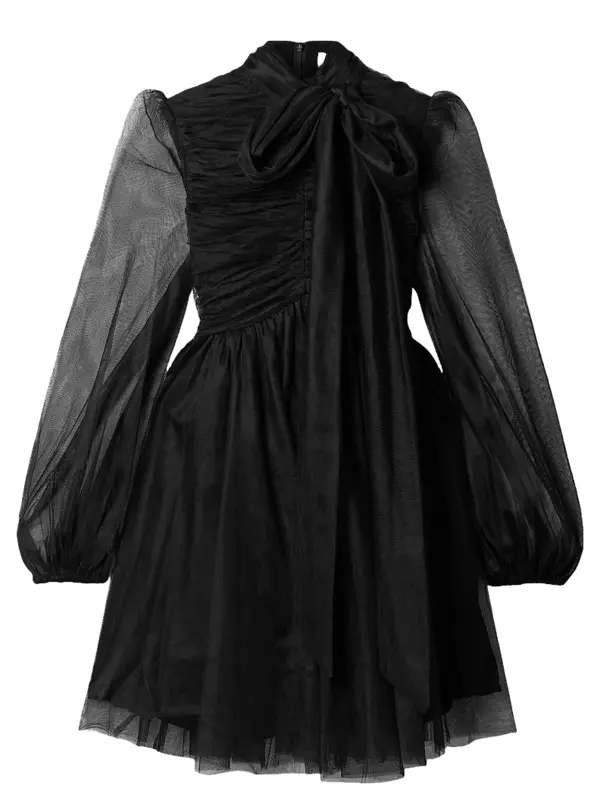 Zimmermann Pussy-bow Gathered Tulle Mini Dress - Black