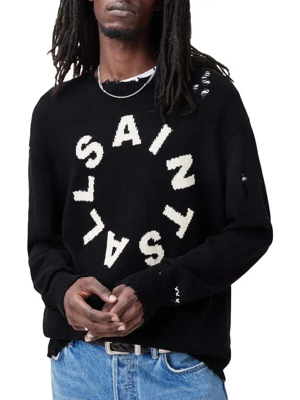 All Saints Diago Distressed Cotton Crewneck Sweater - Black