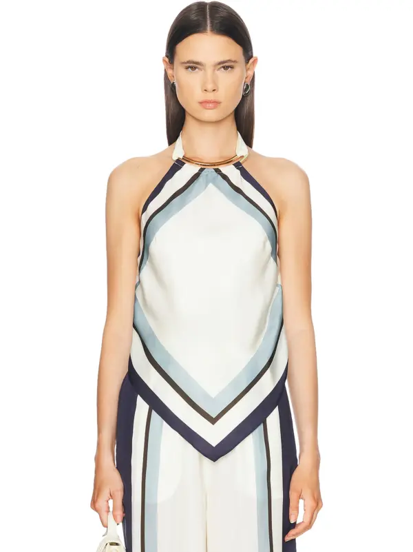 NICHOLAS Skye Halter Neck Top With Gold Neck Piece - Athens Scarf Sky