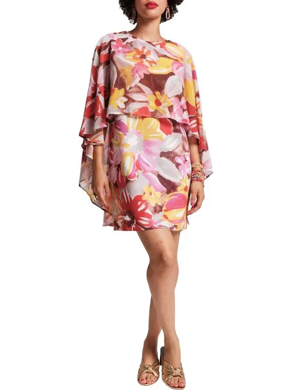 FRANCES VALENTINE Sun Floral Print Mini Cape Dress - Pink/multi
