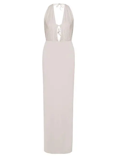 JENDUE Siena Denim Maxi Dress Halter Neck Cut-out - Ecru
