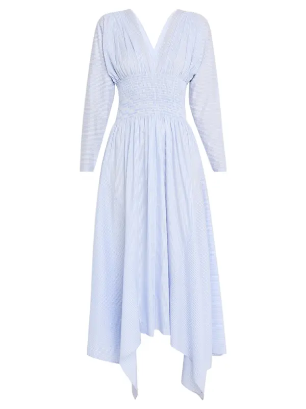 SALON 1884 Camicia Shirred Striped Cotton Poplin Maxi Dress - Cielo Stripe