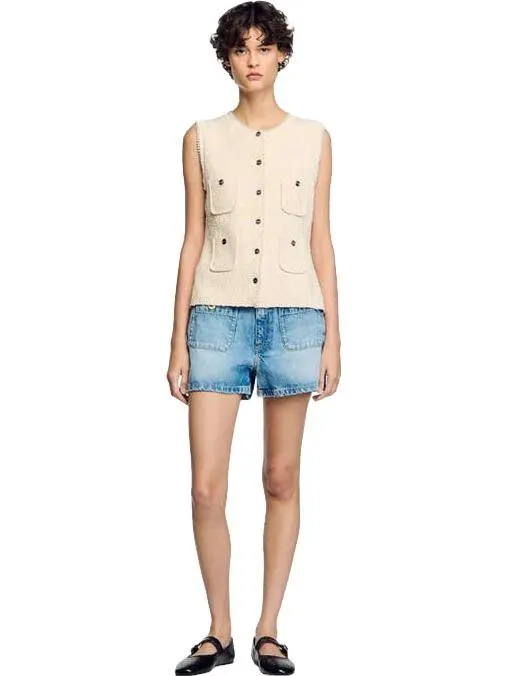 Sandro Tweed Waistcoat With Pearl Buttons - Ecru