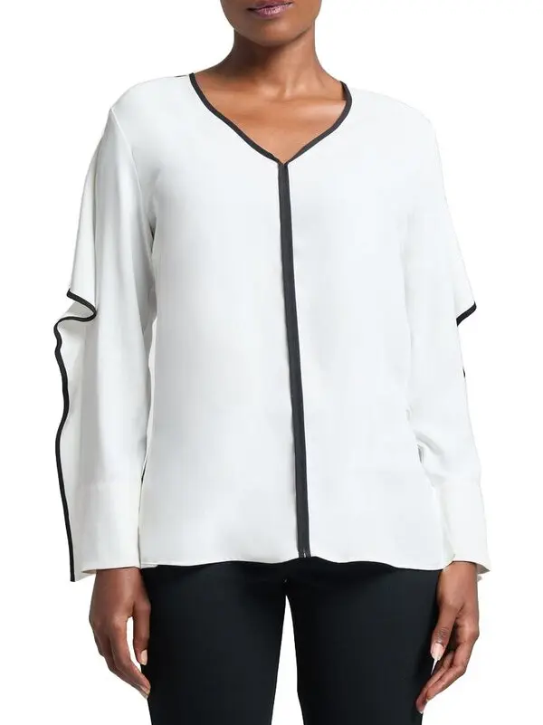 Ming Wang Crêpe De Chine Top With Contrast Trim - White/ Black