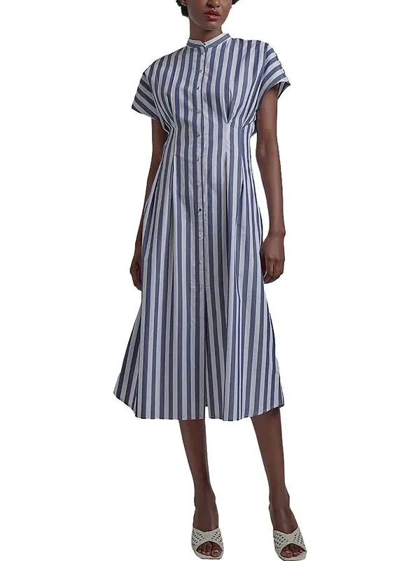 Misook Stand Collar Button Front Midi Dress - Dark Navy/white