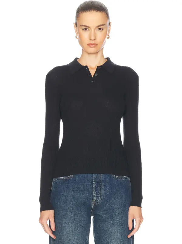 Guest In Residence Long Sleeve Cashmere Shrunken Polo - Black
