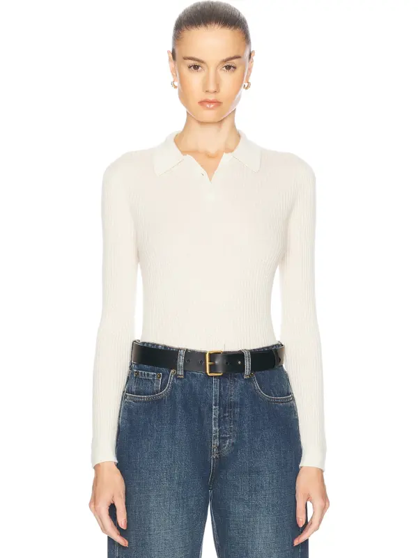 Guest In Residence Long Sleeve Shrunken Cashmere Polo - Cream