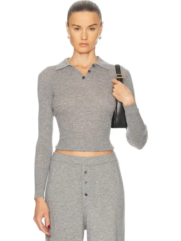 Guest In Residence Long Sleeve Shrunken Cashmere Polo - Heather Grey
