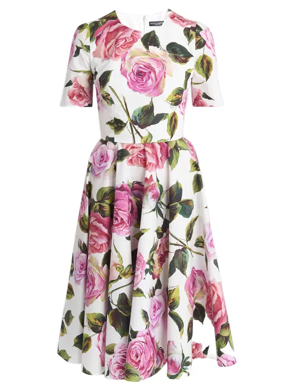 Dolce & Gabbana Rose-print Fit-&-flare Midi Dress - Whtprtpink