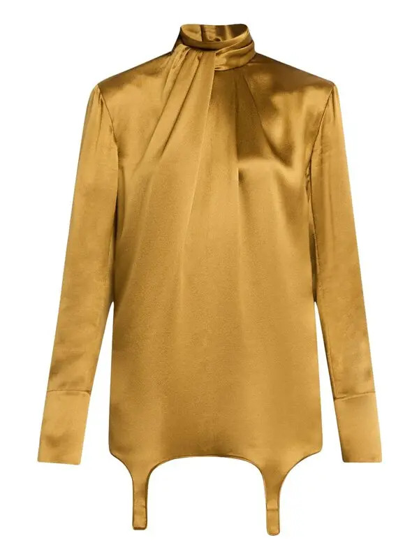 Saint Laurent Twisted Turtleneck Silk Blouse - Ocre