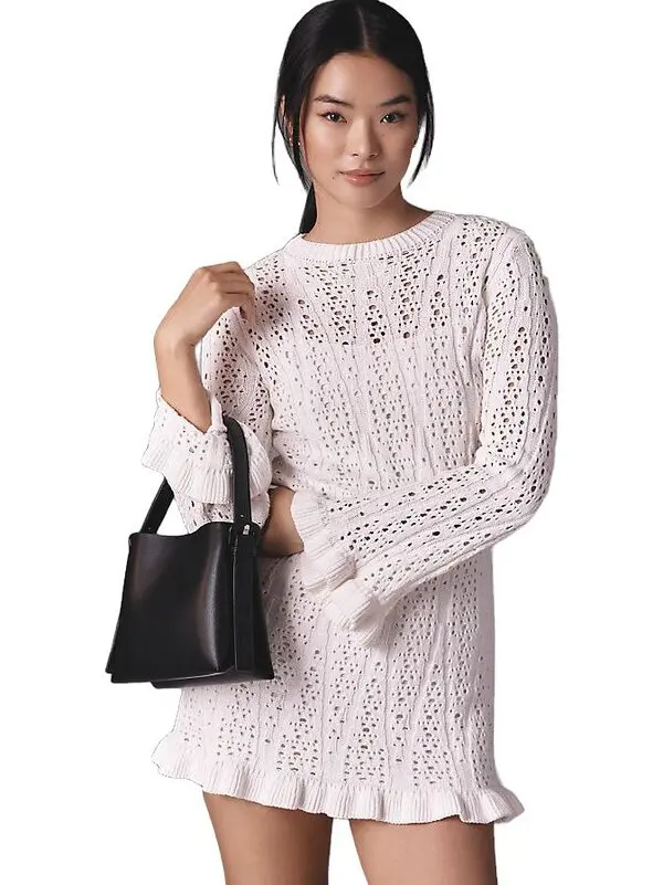 Avec Les Filles Long-sleeve Ruffle-edge Sweater Mini Dress - Ivory