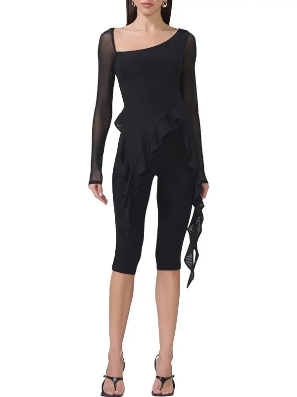 AFRM Doris Ruffle Asymmetric Mesh Top - Noir
