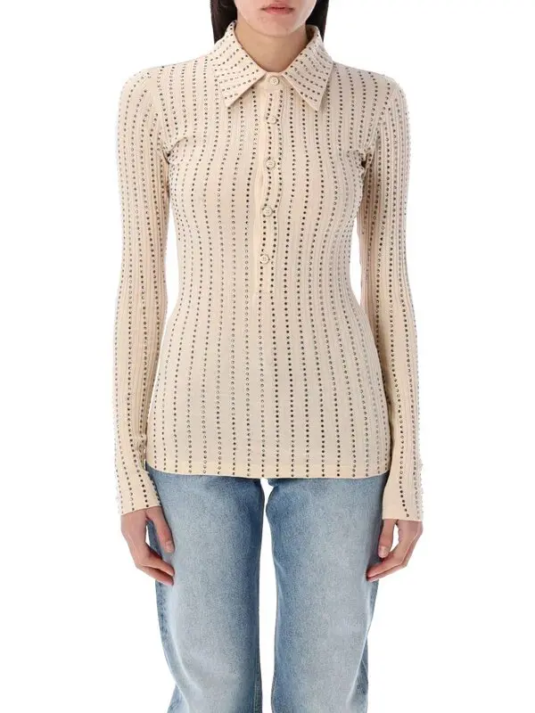 Attico Rhinestone Embellished Polo Shirt - Faded Ecru