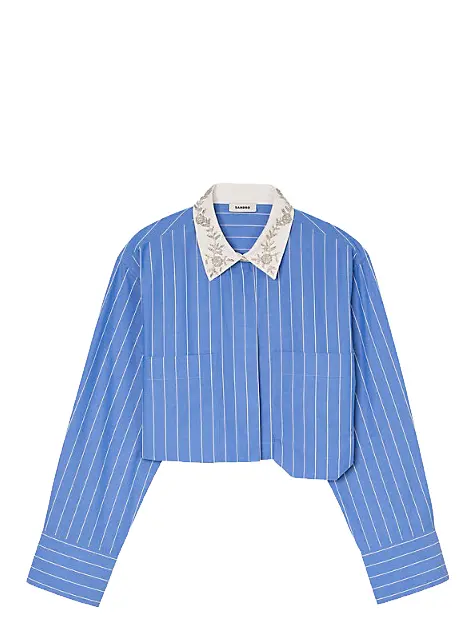 Sandro Striped Embellished-collar Cotton Shirt - Bleus