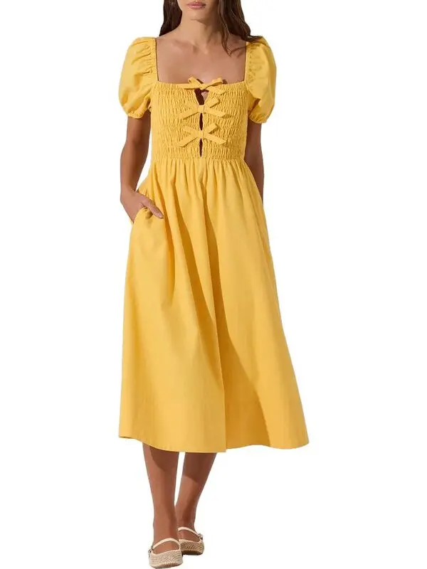 Astr The Label Bow Detail Smock Bodice Cotton Blend Dress - Mustard