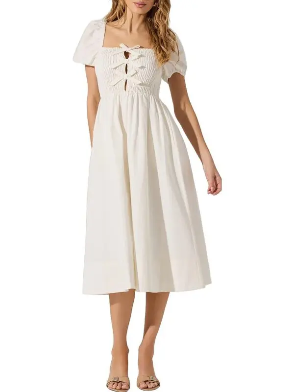 Astr The Label Bow Detail Smock Bodice Cotton Blend Dress - White