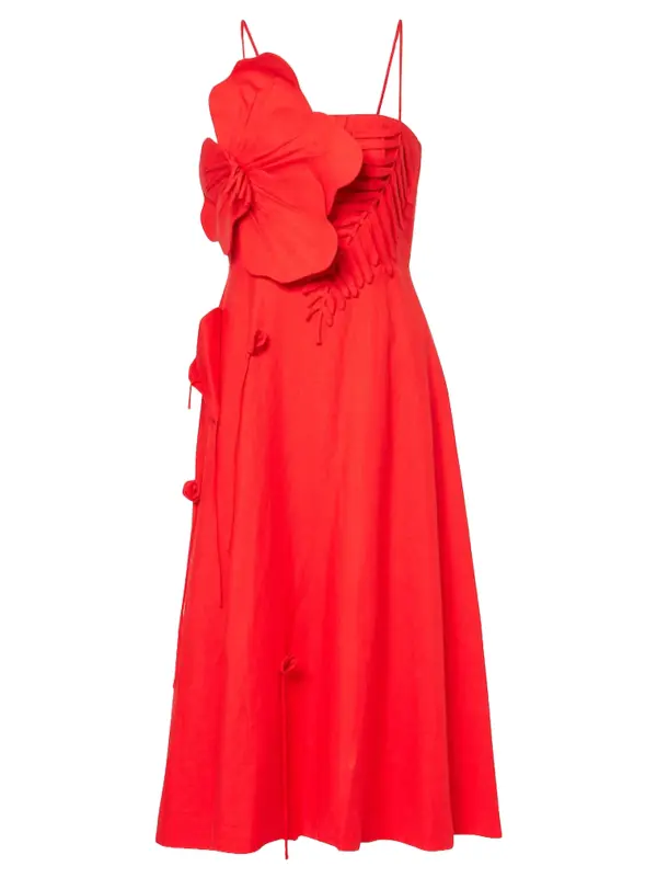 Farm Rio Floral Appliqué Linen-blend Midi Dress - Red