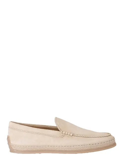 TOD'S Raffia Trim Suede Loafers - Beige