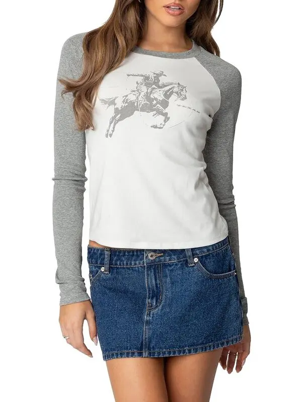 EDIKTED Cowboy Graphic Baseball T-shirt - Gray-and-white