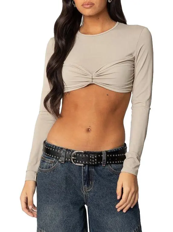 EDIKTED Gathered Long Sleeve Crop Top - Beige