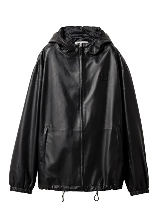 Miu Miu Nappa Leather Zip-up Hoodie - Black
