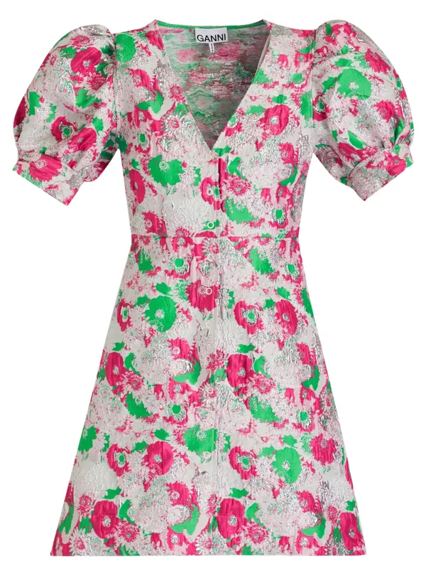 GANNI Metallic Brocade Mini Dress - Fuchsia
