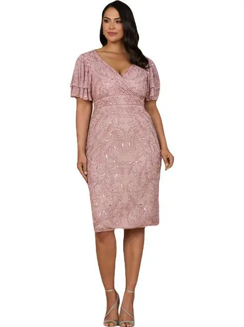LARA NEW YORK Beaded Midi Dress With Cape Sleeves - Dusty Rose