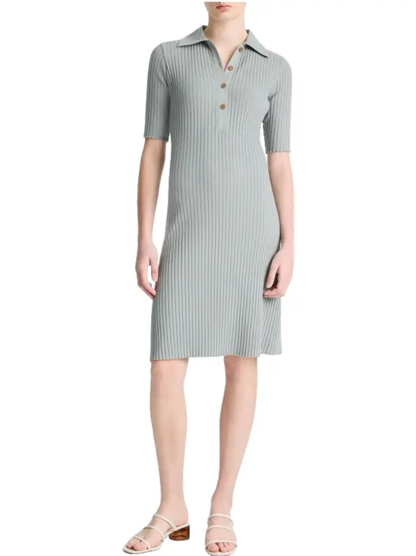 Vince Cotton-blend Elbow-sleeve Polo Dress - Grey