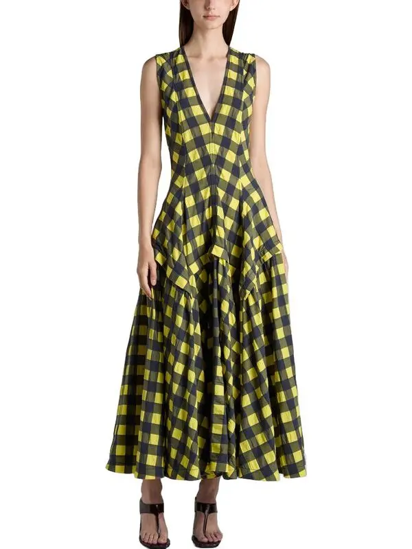 Bottega Veneta Macro Gingham Fit + Flare Dress - 7315 Yellow/ Shrub/ Wave