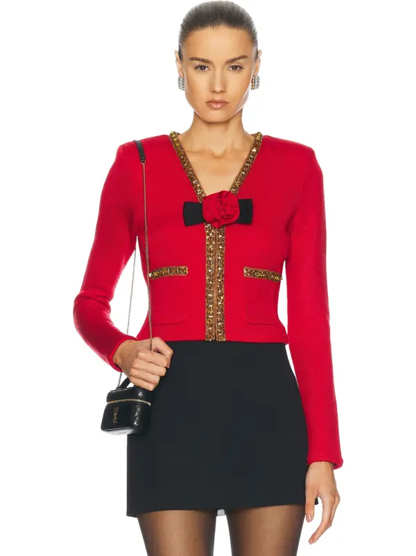 SELF-PORTRAIT Textured Knit Corsage Cardigan - Red