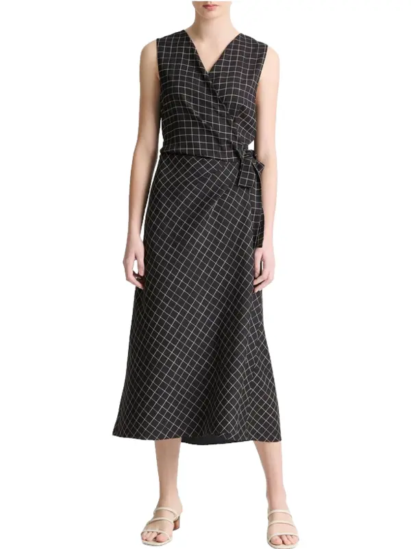 Vince Trellis Plaid Draped Wrap Dress - Black