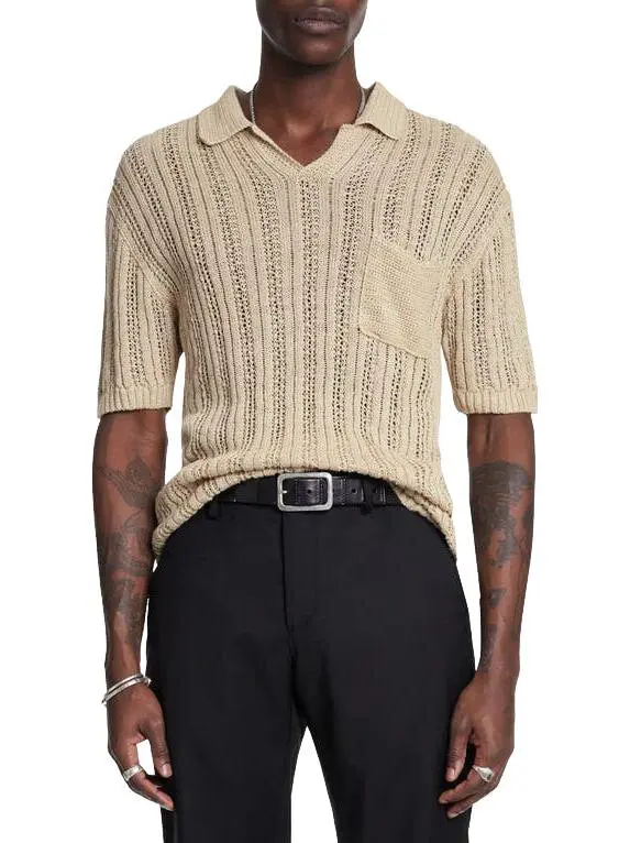 John Varvatos Short Sleeve Textured Johnny Collar Sweater - Linen