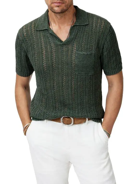 John Varvatos Short Sleeve Textured Johnny Collar Sweater - Moss