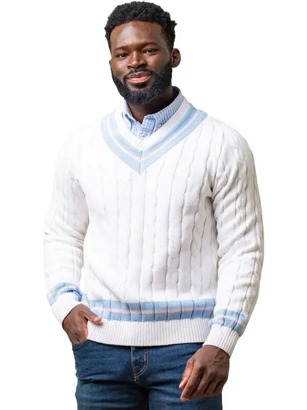 HOPE & HENRY Organic Cotton V-neck Cricket Sweater - White With Blue And Pink