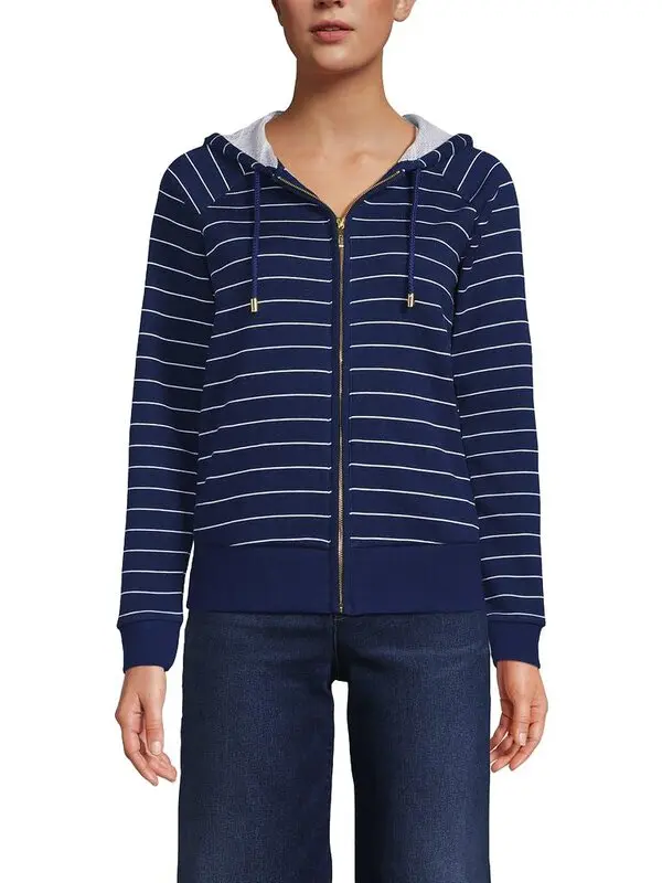 LANDS' END Relaxed Long Sleeve Full Zip Hoodie - Deep Sea Navy/white Stripes