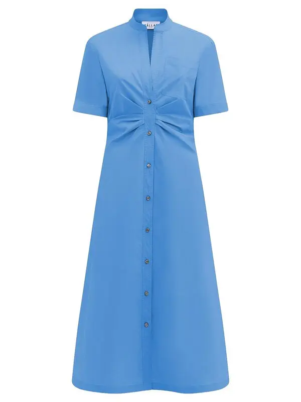 CALLAS MILANO Noor Ruched Cotton Shirtdress - Blue Sea