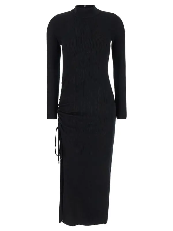 Michael Kors Crewneck Wool Midi Dress With Ruching - Black
