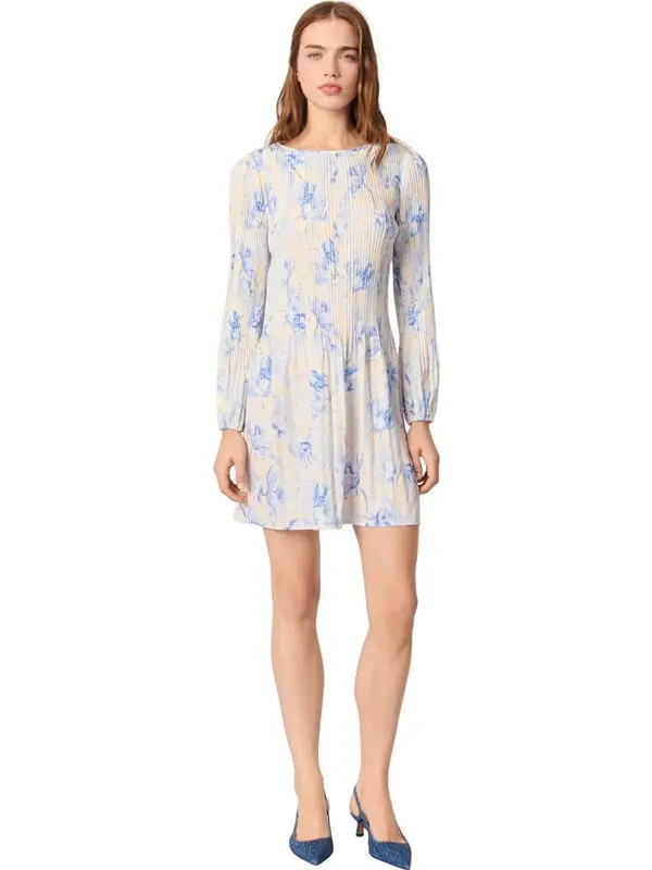 Maje Patterned Pleated Mini Dress - Blue Flower Print Ecru Base