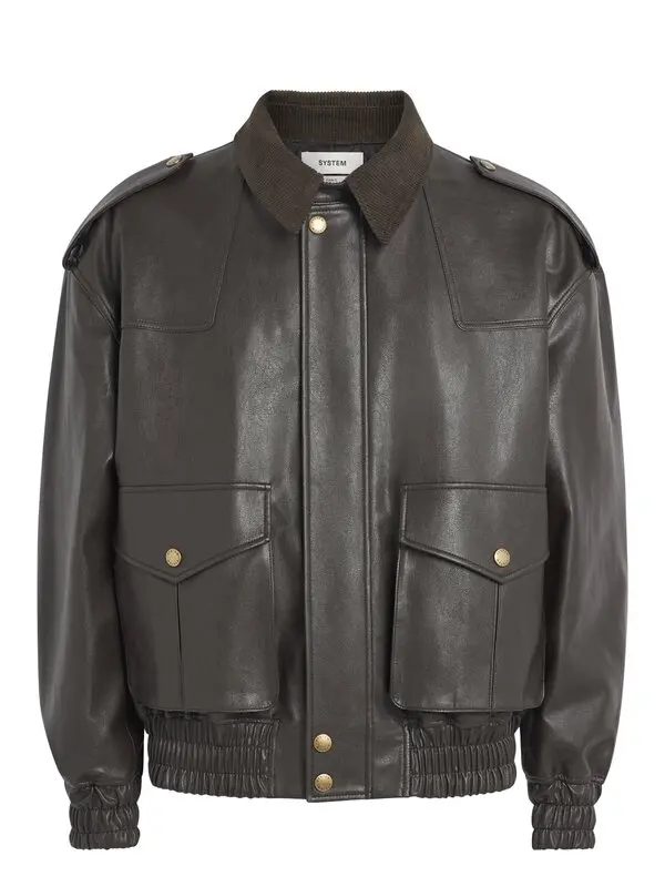 SYSTEM Faux Leather Bomber Jacket - Brown