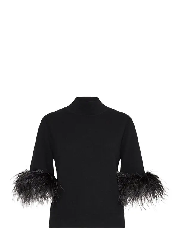 MILLY Short Sleeve Feather Mock Neck Sweater - Black